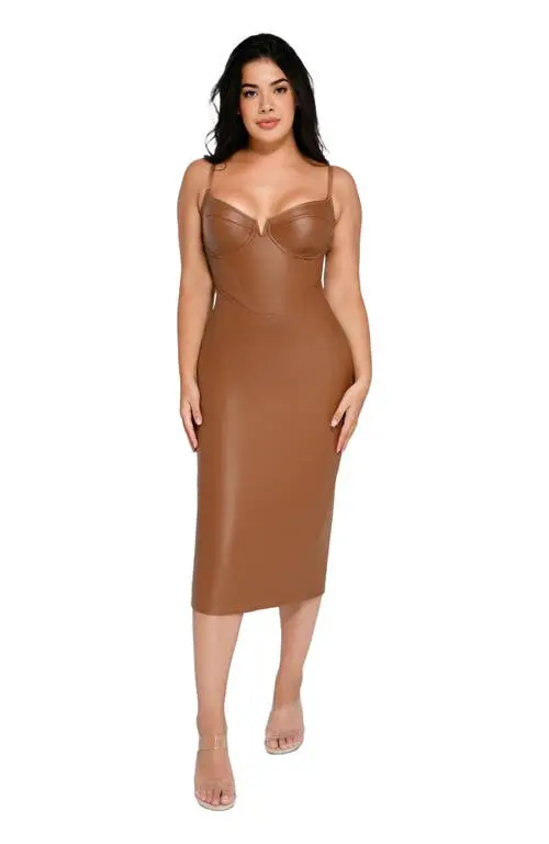 POPILUSH Shapewear Faux Leather Corset Midi Dress - Caramel Brown