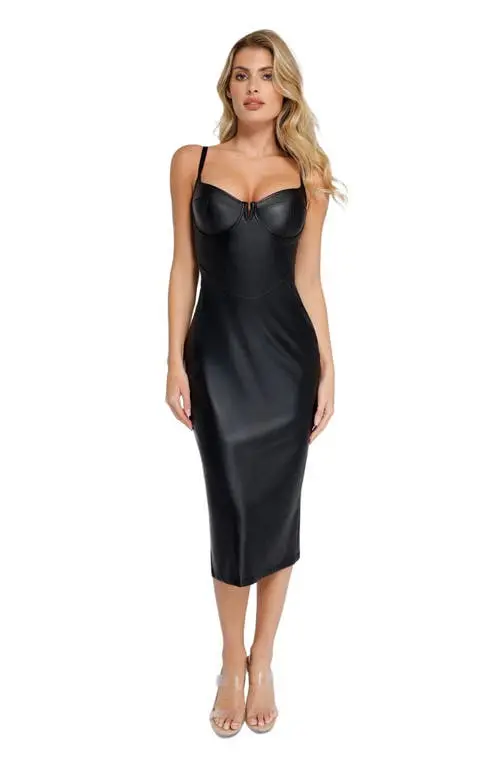 POPILUSH Shapewear Faux Leather Corset Midi Dress - Classic Black