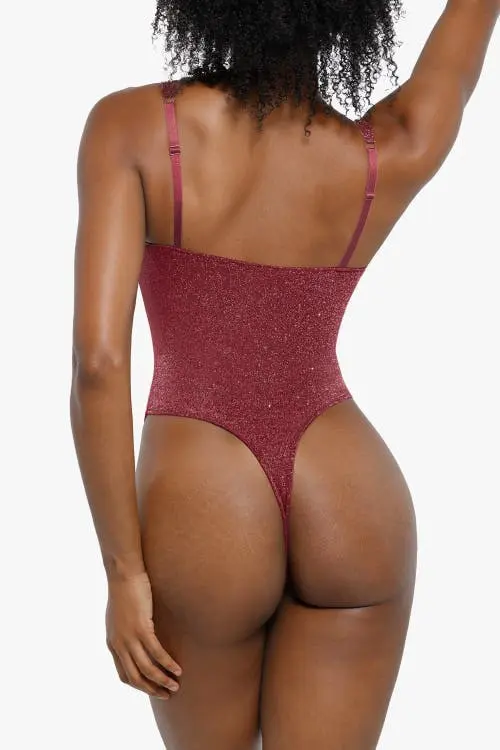 POPILUSH Shapewear Ruched Metallic Knit Bodysuit - Wine