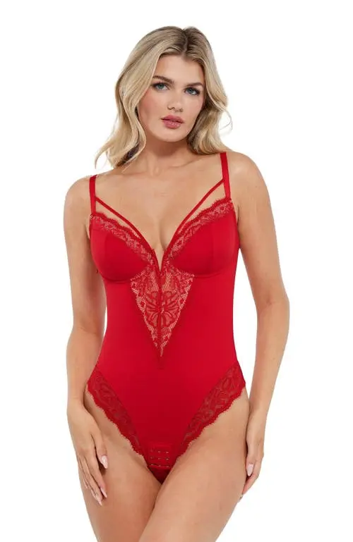 POPILUSH Shapewear Strappy Bodysuit With Lace Inset - Chili Red