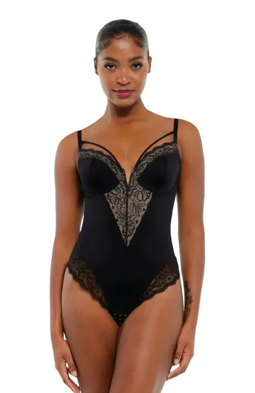 POPILUSH Shapewear Strappy Bodysuit With Lace Inset - Midnight Black