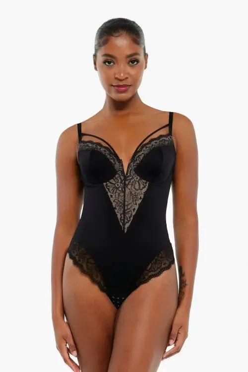 POPILUSH Shapewear Strappy Bodysuit With Lace Inset - Midnight Black