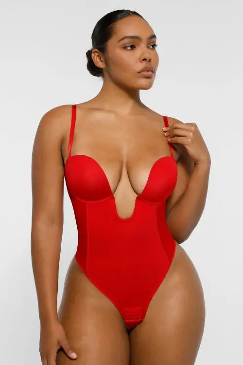 SHAPELLX Airslim Deep Plunge Low-back Thong Bodysuit - Crimson Red
