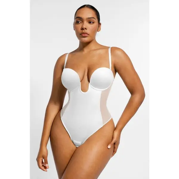 SHAPELLX Airslim Deep Plunge Low-back Thong Bodysuit - White