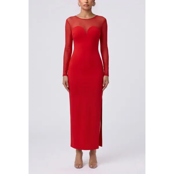 POPILUSH Shapewear Mesh Long Sleeve V-back Slimming Maxi Dress - Bright Red