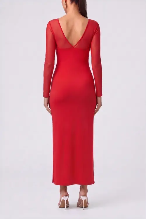 POPILUSH Shapewear Mesh Maxi Dress - Bright Red