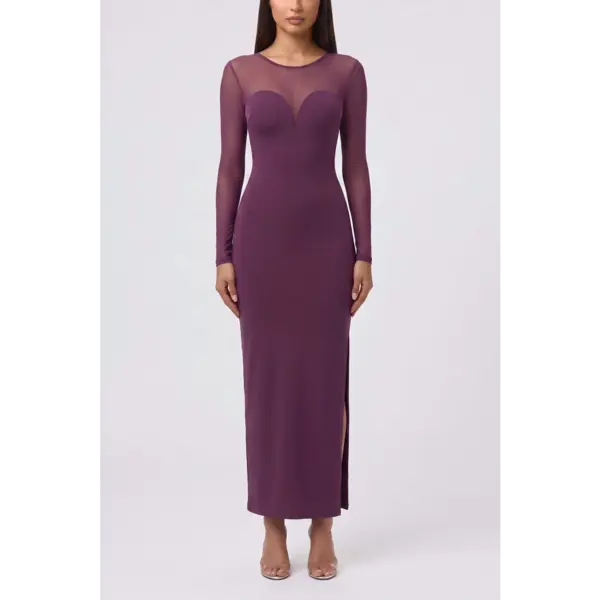 POPILUSH Shapewear Mesh Long Sleeve V-back Slimming Maxi Dress - Plum