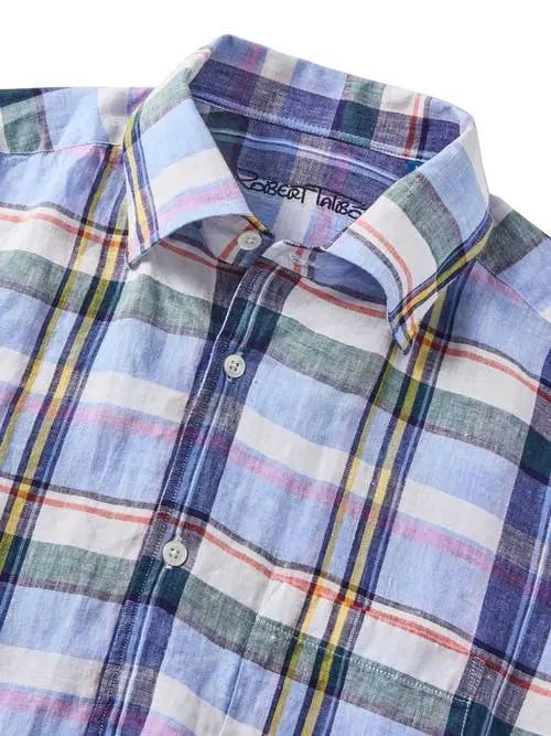 Robert Talbott Morgan Plaid Linen Short Sleeve Shirt - Blue Multi