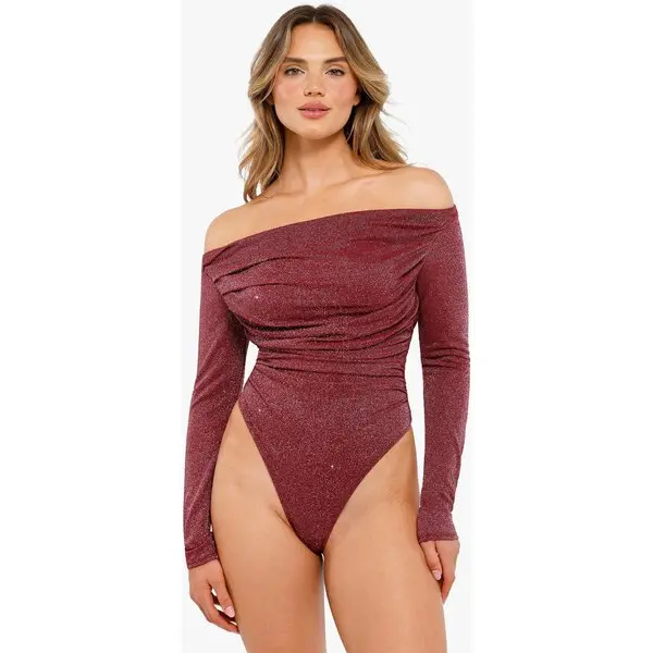 POPILUSH Shapewear Metallic Knit Long Sleeve Bodysuit - Ruby