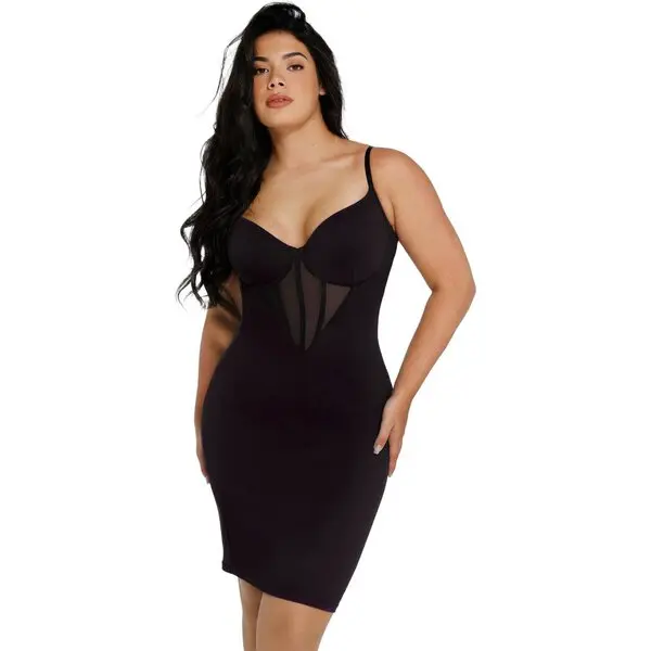 POPILUSH Shapewear Mesh Corset Paneled Midi Dress - Black