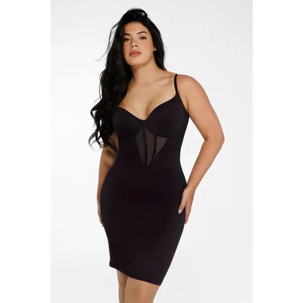 POPILUSH Shapewear Mesh Corset Paneled Midi Dress - Black