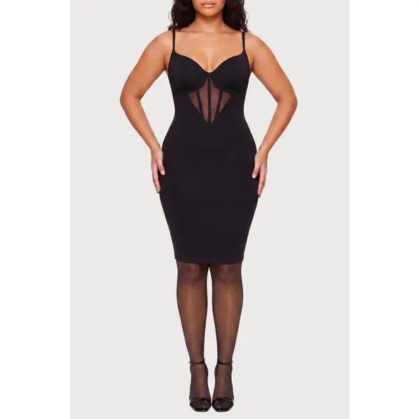 POPILUSH Shapewear Mesh Corset Paneled Midi Dress - Black