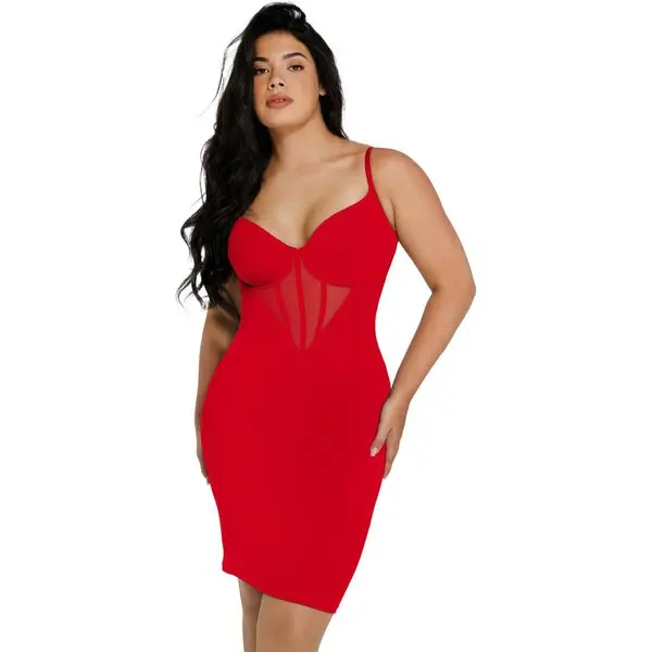 POPILUSH Shapewear Mesh Corset Paneled Midi Dress - Bright Red