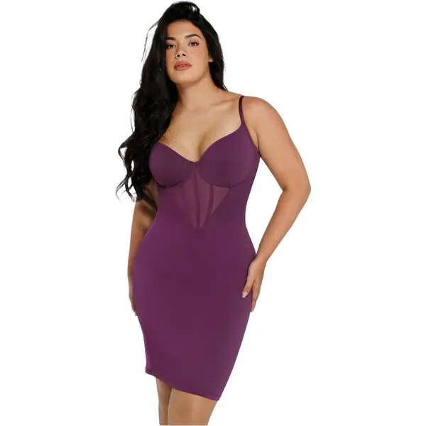 POPILUSH Shapewear Mesh Corset Paneled Midi Dress - Plum