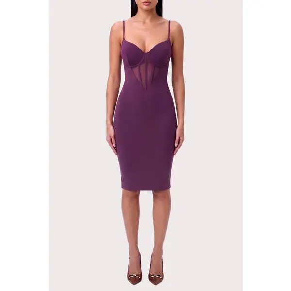 POPILUSH Shapewear Mesh Corset Paneled Midi Dress - Plum
