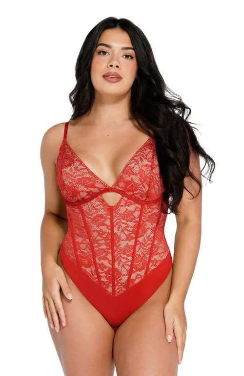 POPILUSH Shapewear Cutout Corset Lace Bodysuit - Bright Red