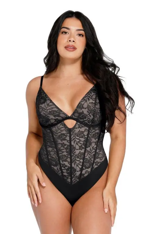 POPILUSH Shapewear Cutout Corset Lace Bodysuit - Charcoal Black
