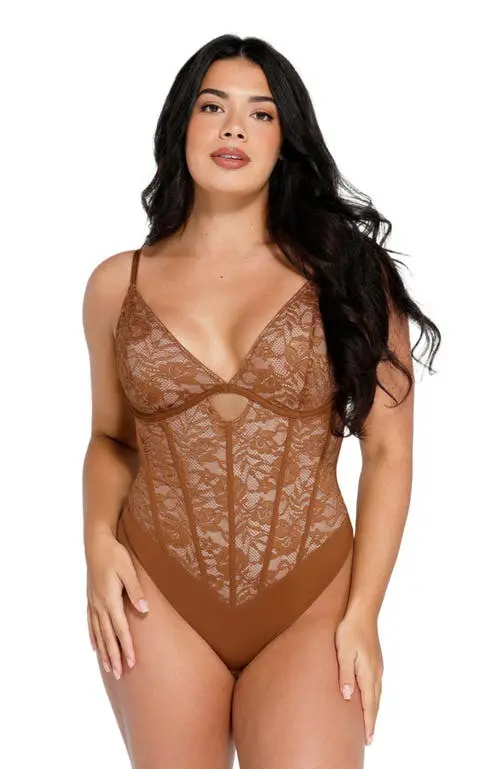 POPILUSH Shapewear Cutout Corset Lace Bodysuit - Sepia Brown