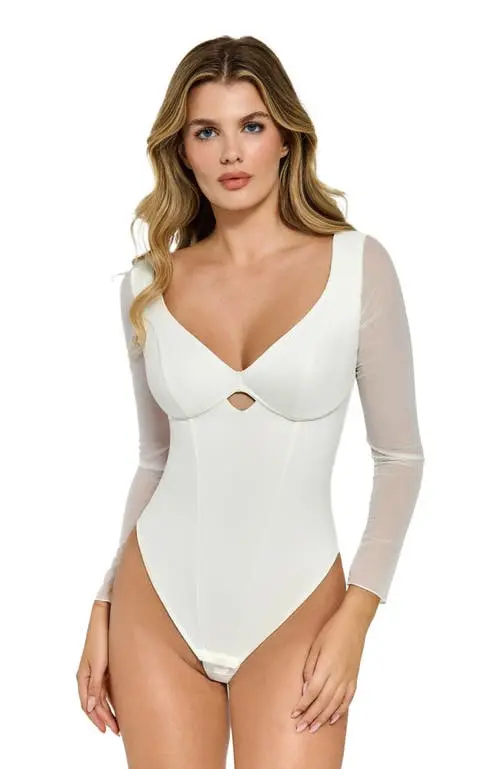 POPILUSH Shapewear Mesh Sleeve Sweetheart Bodysuit - Chalk