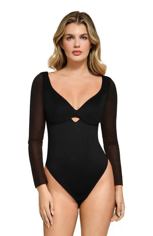POPILUSH Shapewear Mesh Sleeve Sweetheart Bodysuit - Jet Black