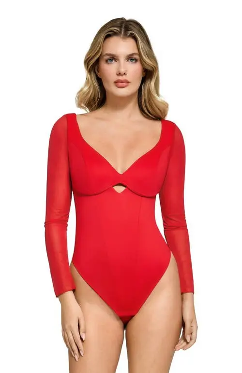 POPILUSH Shapewear Mesh Sleeve Sweetheart Bodysuit - Watermelon