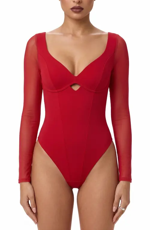 POPILUSH Shapewear Mesh Sleeve Cutout Sweetheart Sculpting Bodysuit - Watermelon