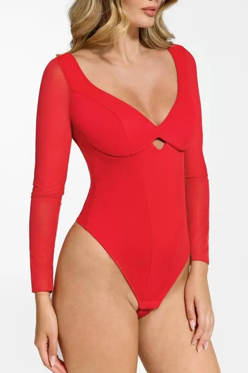POPILUSH Shapewear Mesh Sleeve Sweetheart Bodysuit - Watermelon