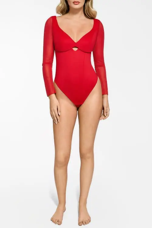 POPILUSH Shapewear Mesh Sleeve Sweetheart Bodysuit - Watermelon