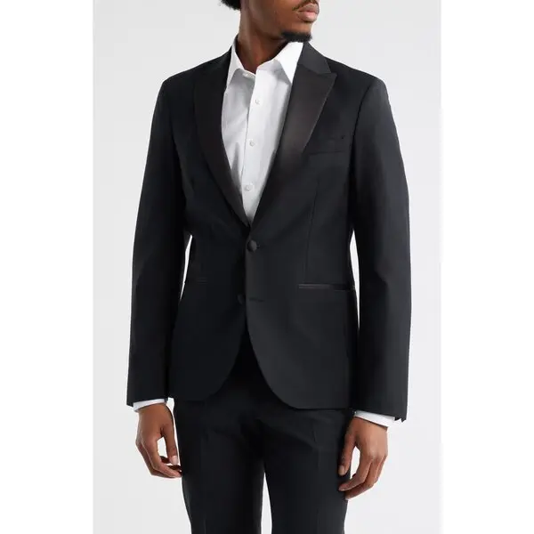 OPEN EDIT Black Peaked Lapel Stretch Wool Blend Tuxedo Jacket