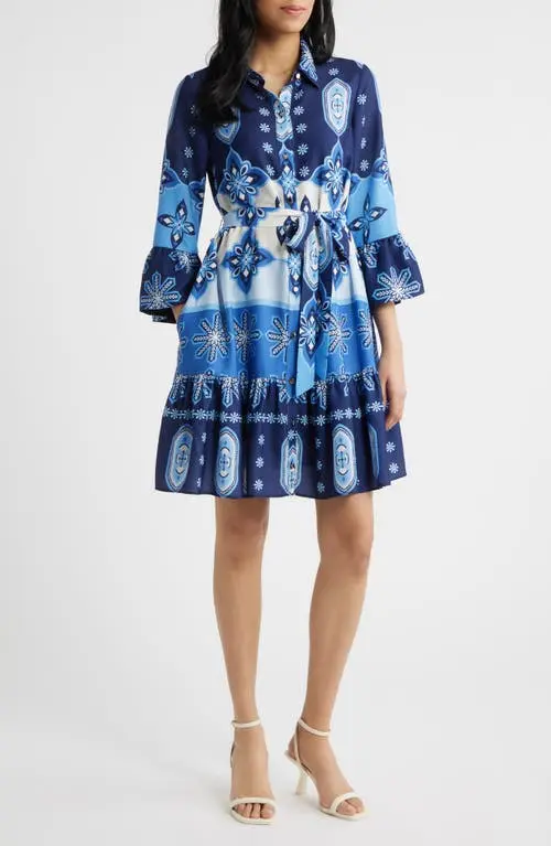 Julia Jordan Print Tie Waist Shirtdress - Blue Multi