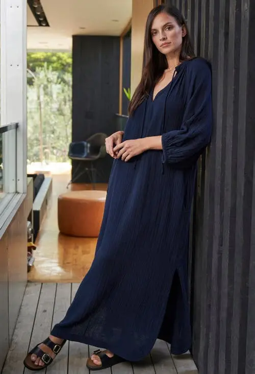 OCEAN+MAIN Avery Long Tie Neck Gauze Caftan Dress - Navy