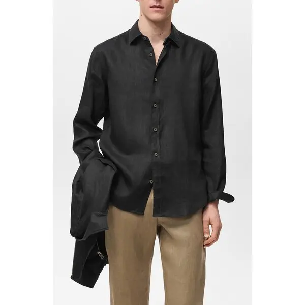 Mango Regular Fit Linen Button-up Shirt - Black