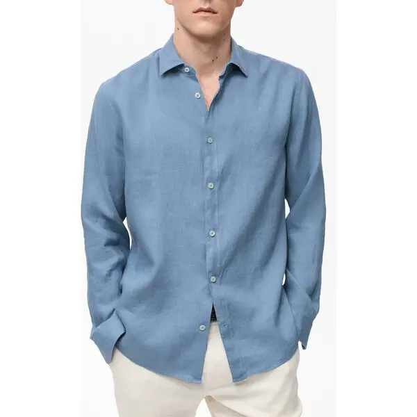 Mango Regular Fit Linen Button-up Shirt - China Blue