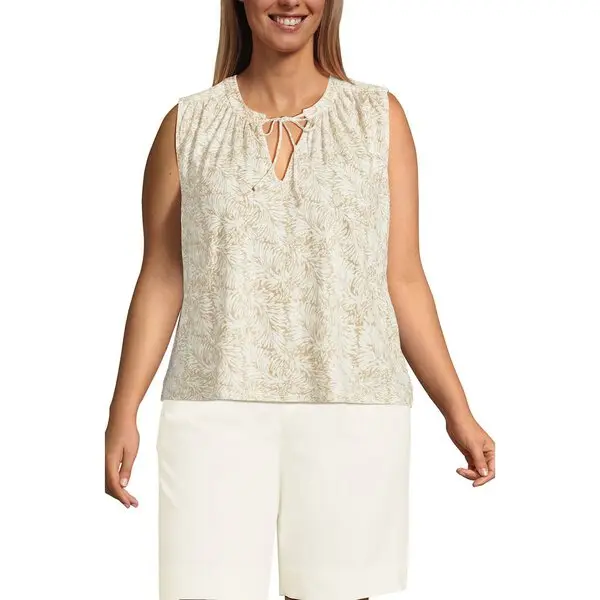 LANDS' END Linen Blend Swing Tank Top - Champagne Leaf Scroll
