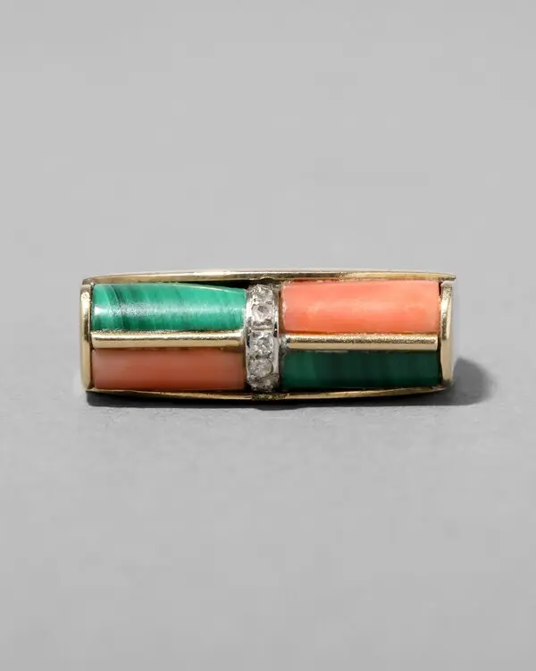 Alexis Bittar Vintage 1980s Italian 14k Coral And Malachite Ring - Gold