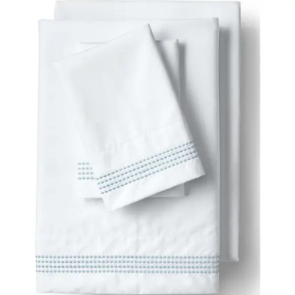 LANDS' END Supima Cotton No Iron Sateen Embroidered Pillowcases400 Thread Count - Dusty Blue Dots