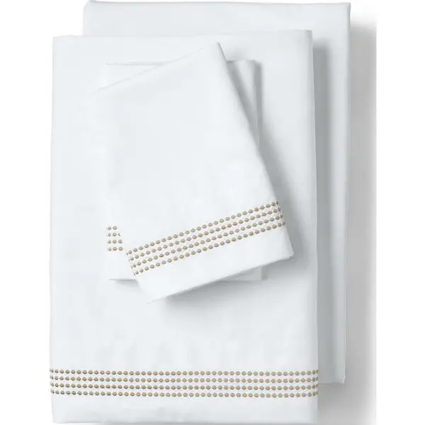 LANDS' END Supima Cotton No Iron Sateen Embroidered Sheets400 Thread Count - Khaki Dots