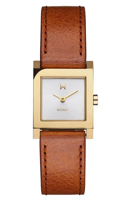 MVMT Marquee Square Leather Strap Watch - White/ Tan