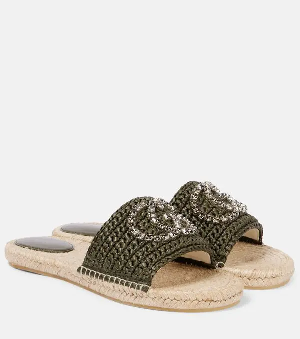 Gucci Gg Embellished Raffia Slides Green Editorialist