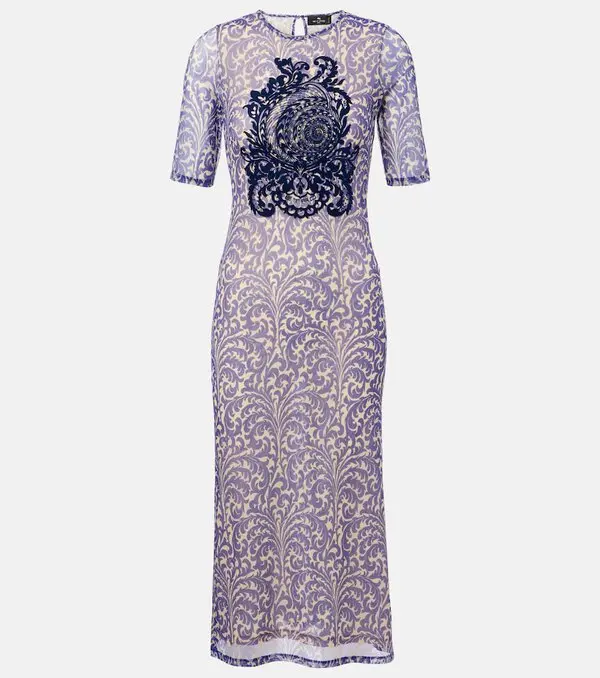 Etro Printed Mesh Midi Dress - Blue