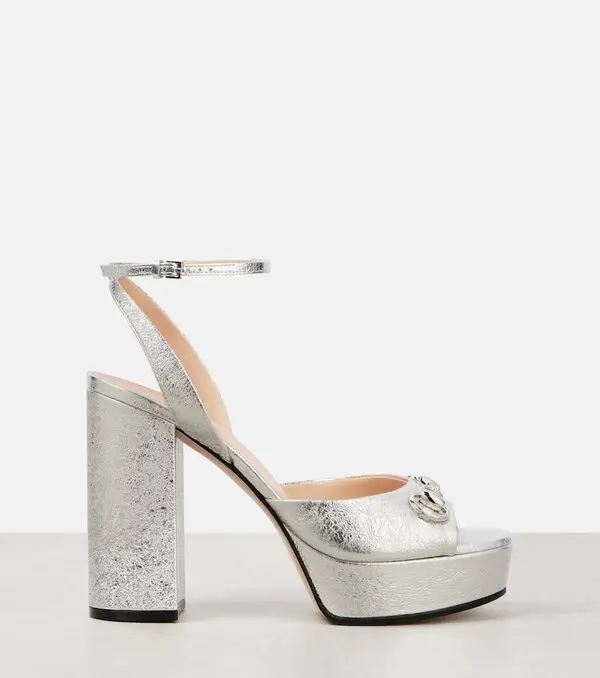 Gucci Horsebit Metallic Leather Platform Sandals - Silver