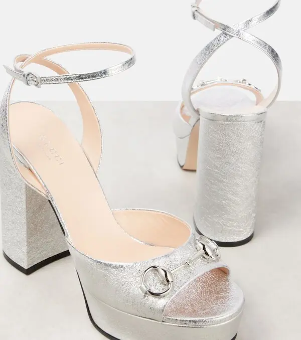 Gucci Horsebit Metallic Leather Platform Sandals - Silver