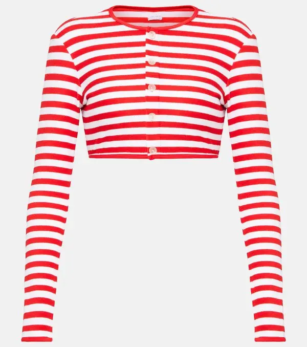 Jade Swim Striped Cropped Terry Cardigan - Red