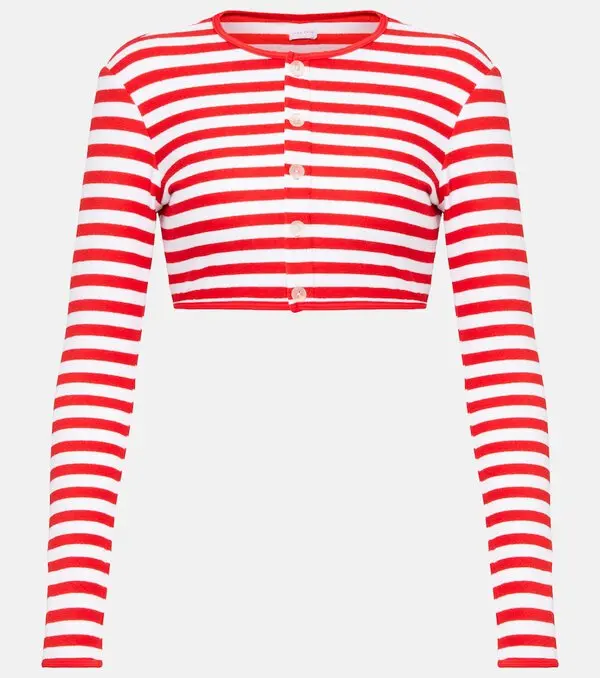 Jade Swim Striped Cropped Terry Cardigan - Red