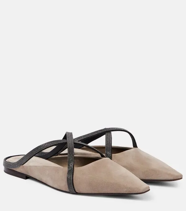 Brunello Cucinelli Monili Suede Mules - Beige