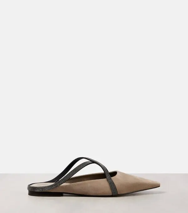 Brunello Cucinelli Monili Suede Mules - Beige