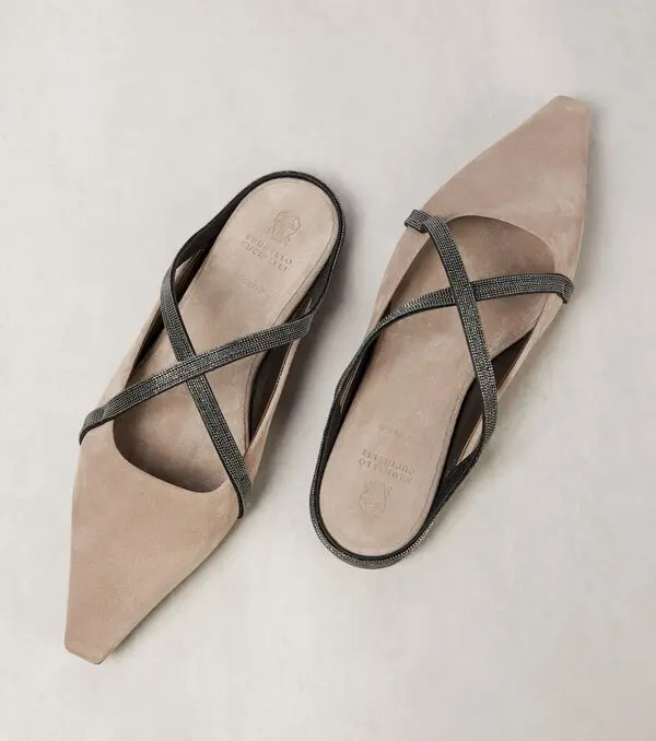 Brunello Cucinelli Monili Suede Mules - Beige