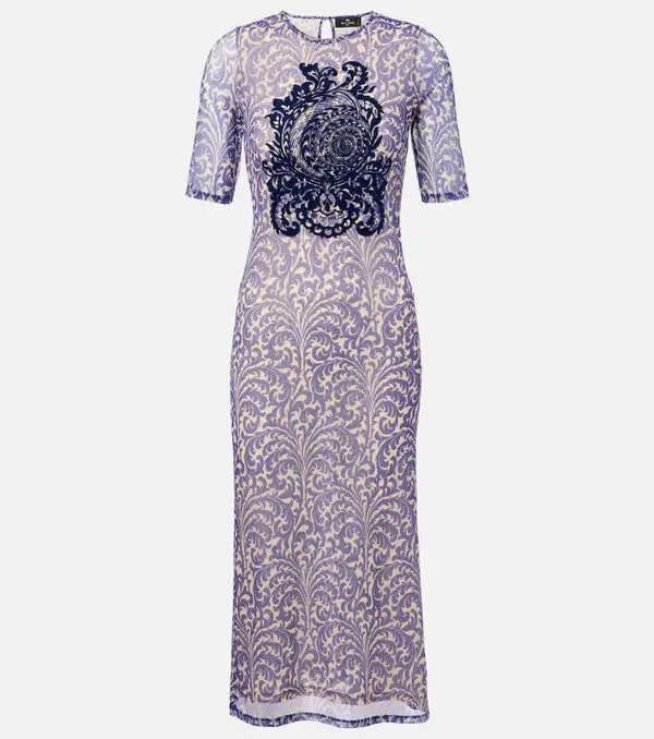 Etro Printed Mesh Midi Dress - Blue