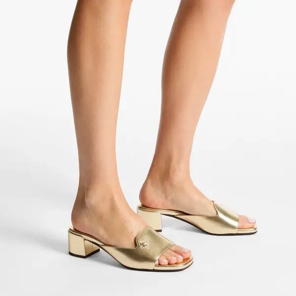 JIMMY CHOO Dina 45 Gold Metallic Leather Mule Sandals - Silver