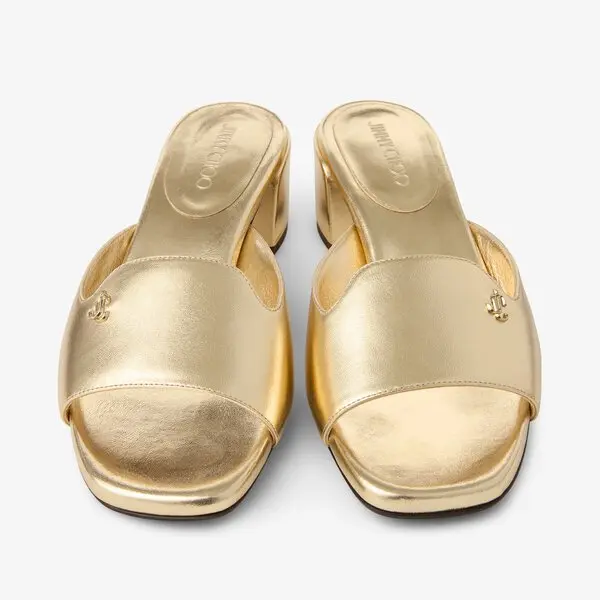 JIMMY CHOO Dina 45 Gold Metallic Leather Mule Sandals - Silver